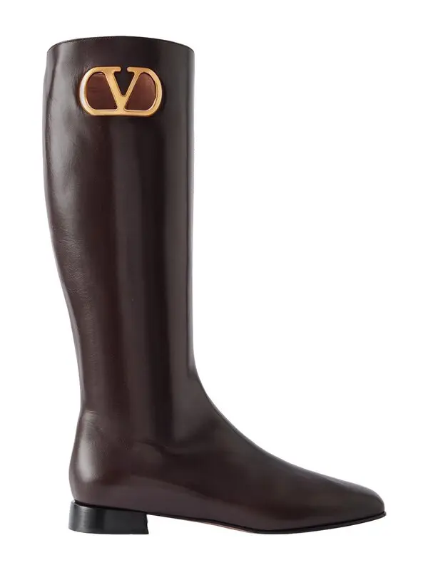 Valentino Garavani Vlogo Embellished Leather Knee Boots - Brown