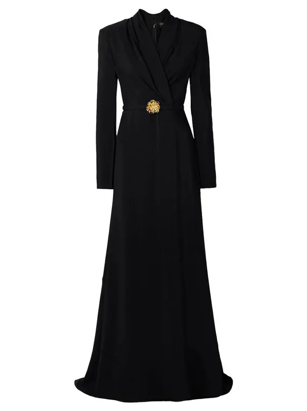 Oscar De La Renta Wrap-effect Embellished Belted Crepe Gown - Black