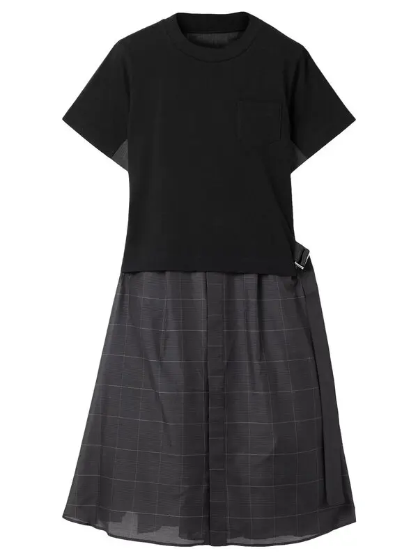 Sacai Belted Cotton-jersey And Checked Voile Midi Dress - Black