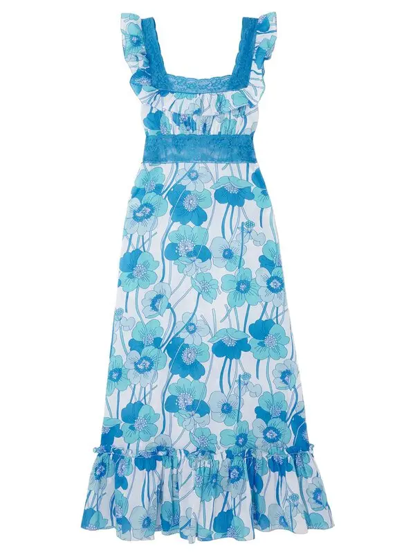 Loretta Caponi Margherita Lace-trimmed Floral-print Maxi Dress - Blue