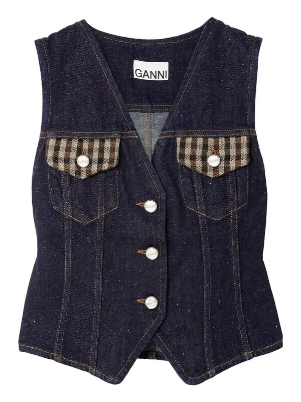 GANNI Neppy Checked Tweed-trimmed Organic Denim Vest - Blue