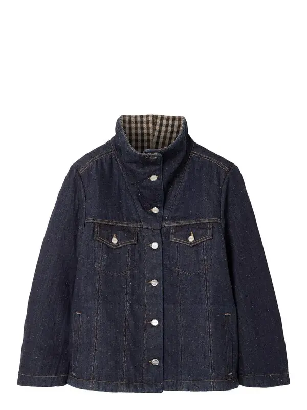 GANNI Neppy Checked Tweed-trimmed Organic Denim Jacket - Blue