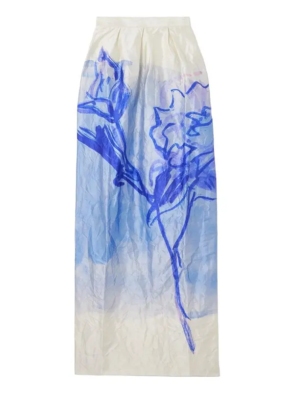 Erdem Floral-print Metallic Crinkled-satin Maxi Skirt - Blue