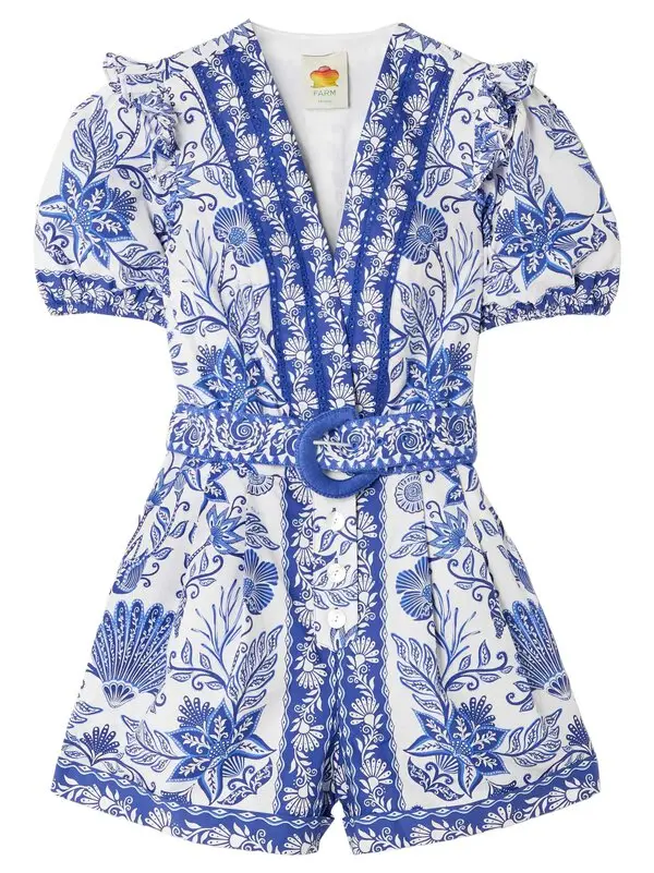 Farm Rio Belted Printed Organic Cotton Playsuit - Blue