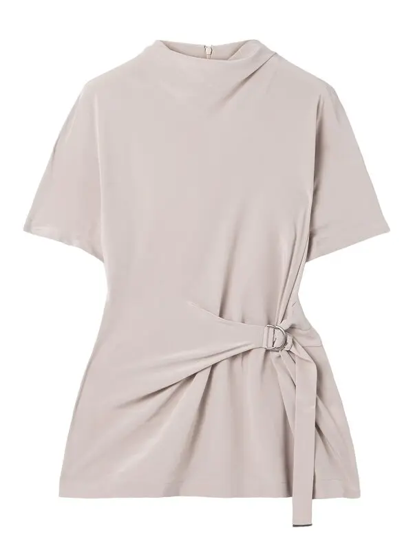 Brunello Cucinelli Buckle-embellished Draped Silk Crepe De Chine Top - Neutrals