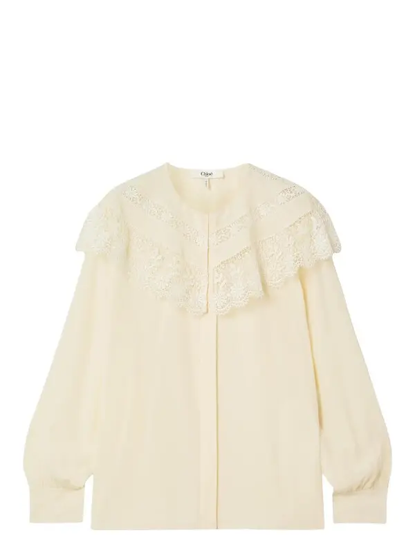 Chloé Lace-trimmed Organic Silk Crepe De Chine Blouse - Cream
