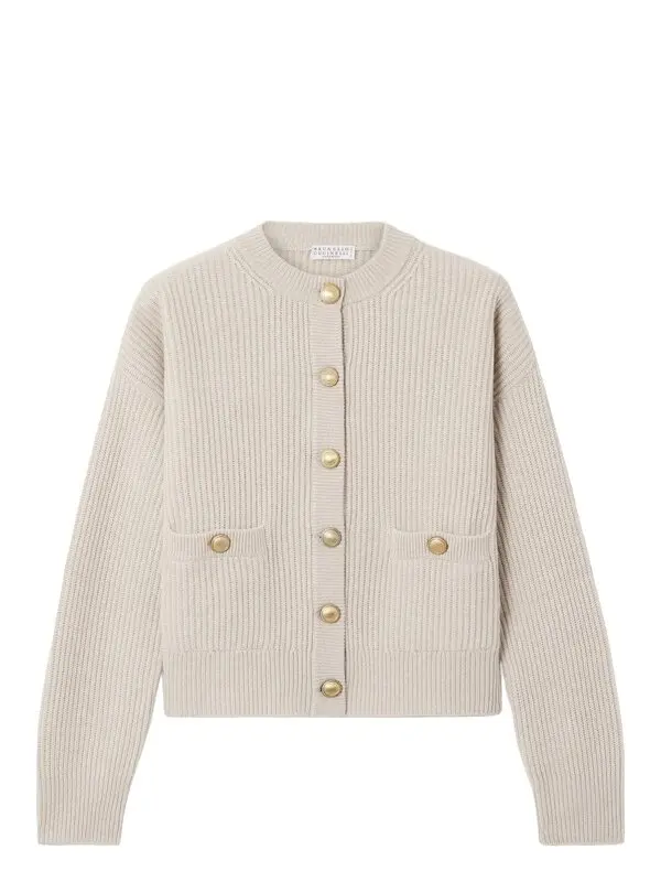 Brunello Cucinelli Ribbed Wool, Cashmere, And Silk-blend Cardigan - Neutrals