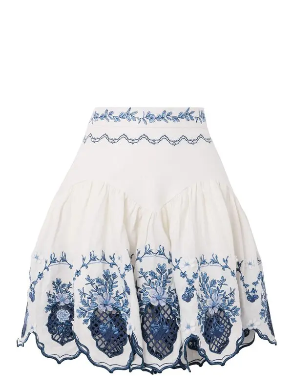 Agua Bendita Asai Wild Ruffled Embroidered Linen Skirt - Cream
