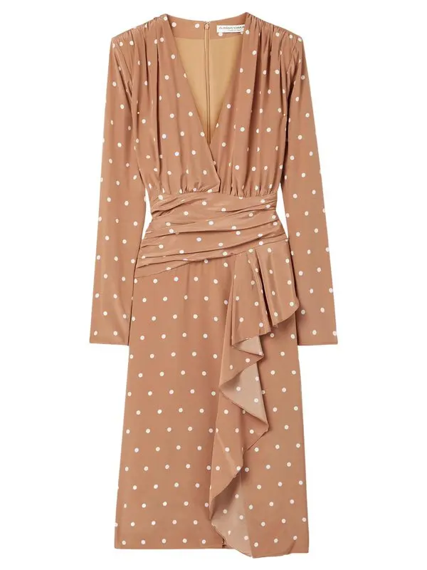 Alessandra Rich Polka-dot Silk Crepe De Chine Midi Dress - Brown
