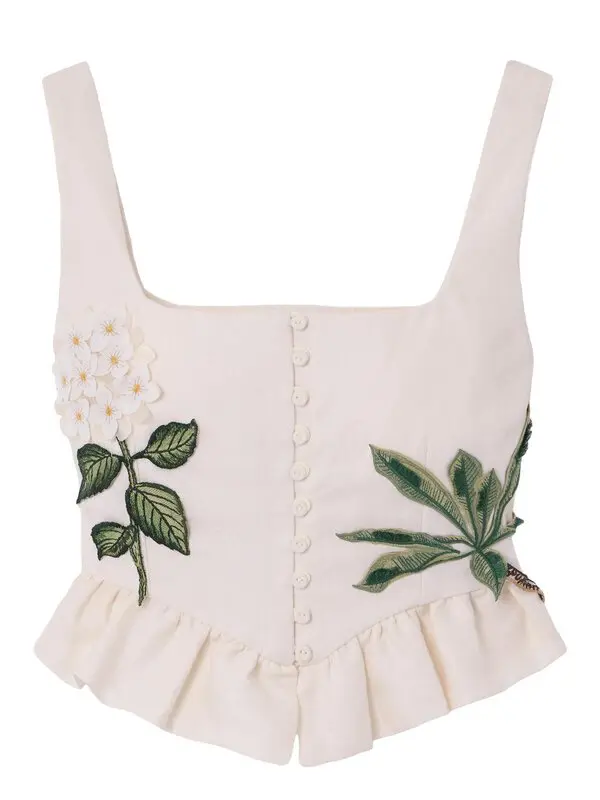 Agua Bendita Eslabon Appliquéd Embroidered Linen Bustier Top - Cream