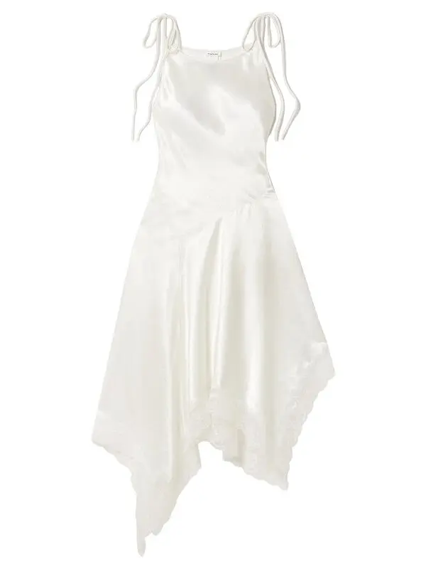 Acne Studios Doyla Belted Asymmetric Lace-trimmed Hammered-satin Midi Dress - White