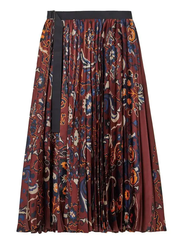 Sacai Belted Grosgrain-trimmed Floral-print Pleated Skirt - Burgundy