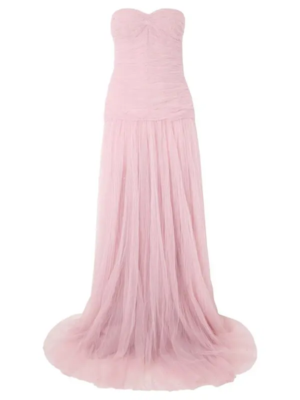 MARMAR HALIM Strapless Bead-embellished Plissé-tulle Gown - Pink