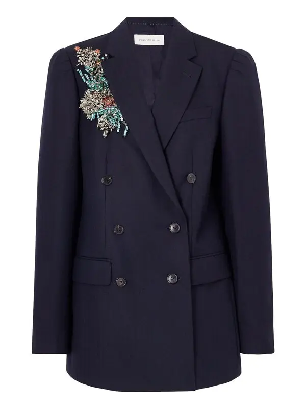 Dries Van Noten Oversized Double-breasted Embellished Wool Herringbone Blazer - Blue