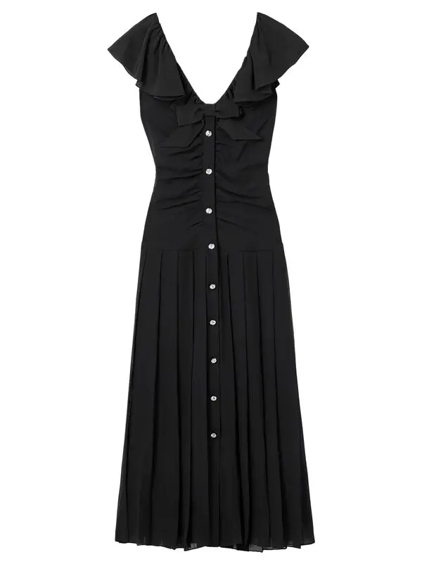 Alessandra Rich Embellished Pleated Silk Crepe De Chine Midi Dress - Black