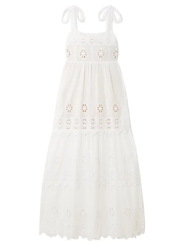 Miguelina Juniper Tiered Embroidered Maxi Dress - White
