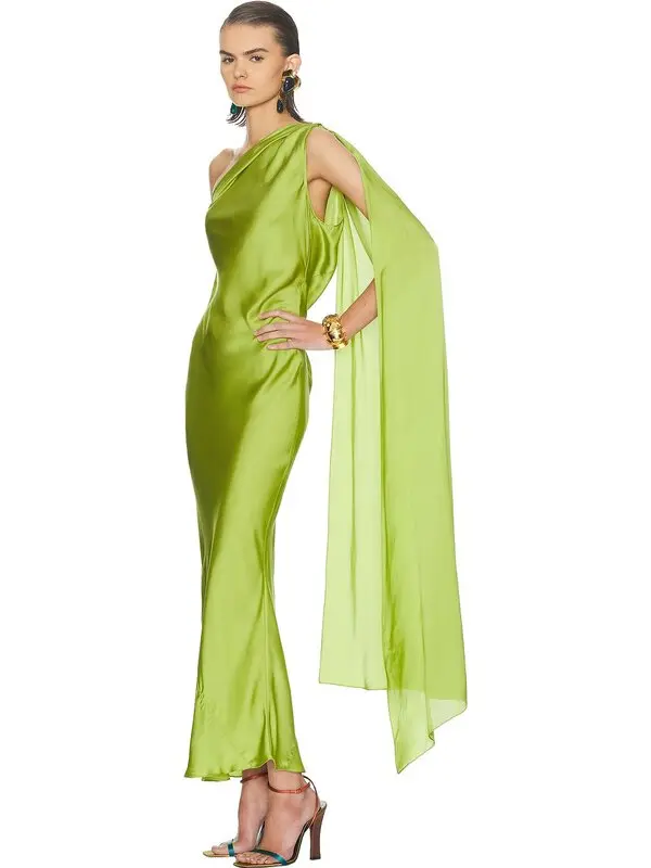 Alejandra Alonso Rojas One Shoulder Dress With Cape - Olive Green
