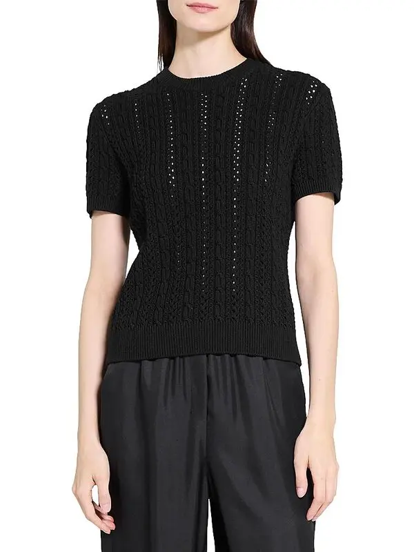Theory Waverly Cable Knit Short Sleeve Sweater - Black
