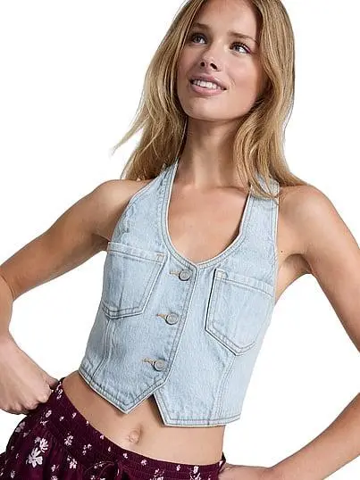 Pink Denim Halter Vest Top - Blue