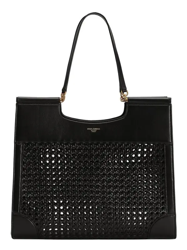 Dolce & Gabbana Shopping Sicily Straw And Calfskin Weave Bag - Black