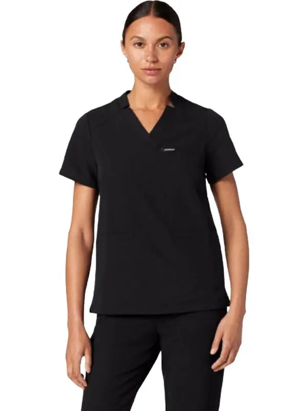 JAANUU Helia 3-pocket Notched V-neck Scrub Top - Black