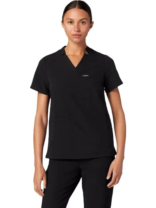 JAANUU Helia 3-pocket Notched V-neck Scrub Top - Black