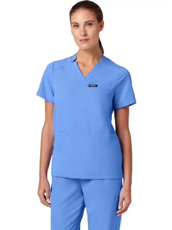 JAANUU Helia 3-pocket Notched V-neck Scrub Top - Ceil Blue