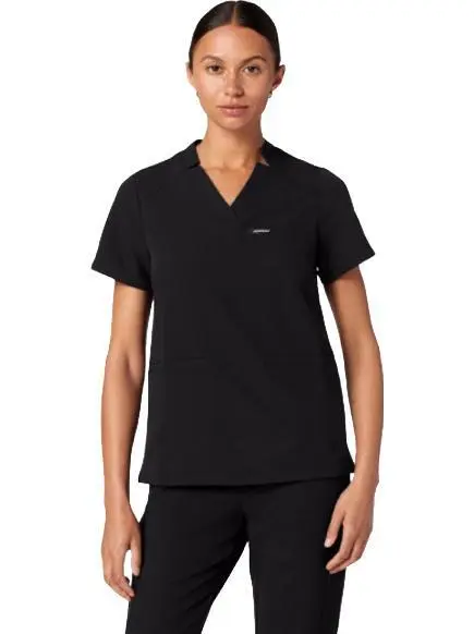 JAANUU Helia Slim Notched V-neck Scrub Top - Black