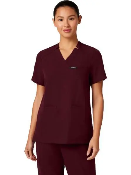 JAANUU Helia Slim Notched V-neck Scrub Top - Burgundy
