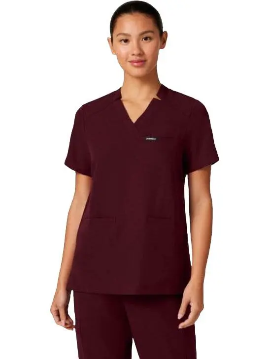 JAANUU Helia Slim Notched V-neck Scrub Top - Burgundy