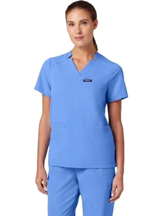 JAANUU Helia Slim Notched V-neck Scrub Top - Ceil Blue