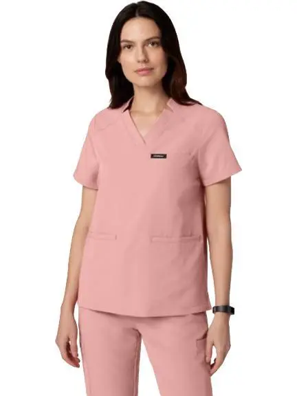 JAANUU Helia Slim Notched V-neck Scrub Top - Mauve