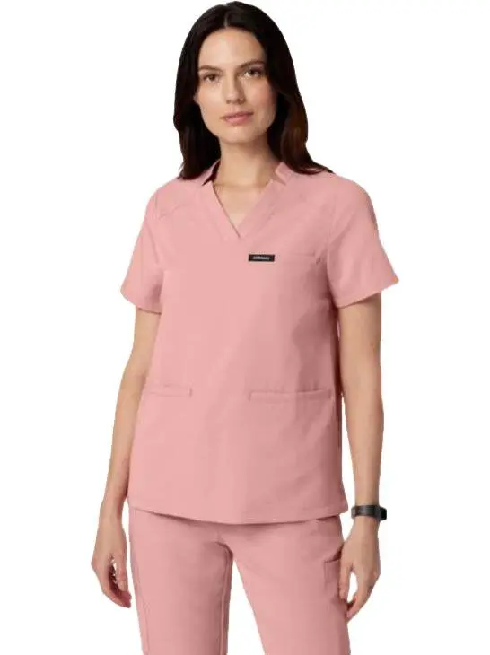 JAANUU Helia Slim Notched V-neck Scrub Top - Mauve