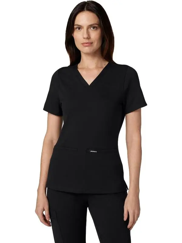 JAANUU Slim Knit V-neck Scrub Top - Black