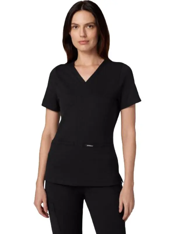 JAANUU Slim Knit V-neck Scrub Top - Black