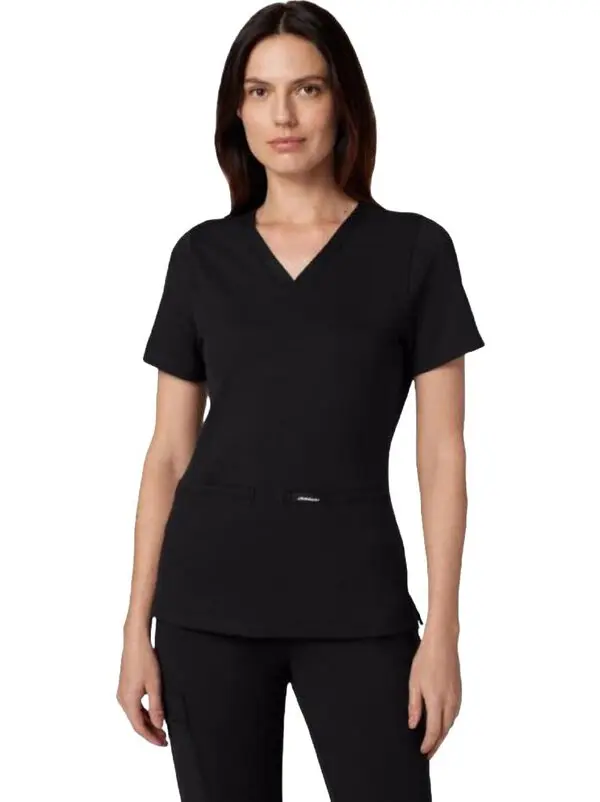 JAANUU Slim Knit V-neck Scrub Top - Black