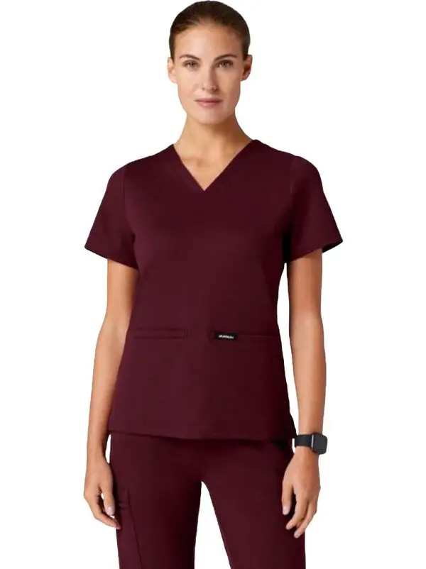 JAANUU Slim Knit V-neck Scrub Top - Burgundy