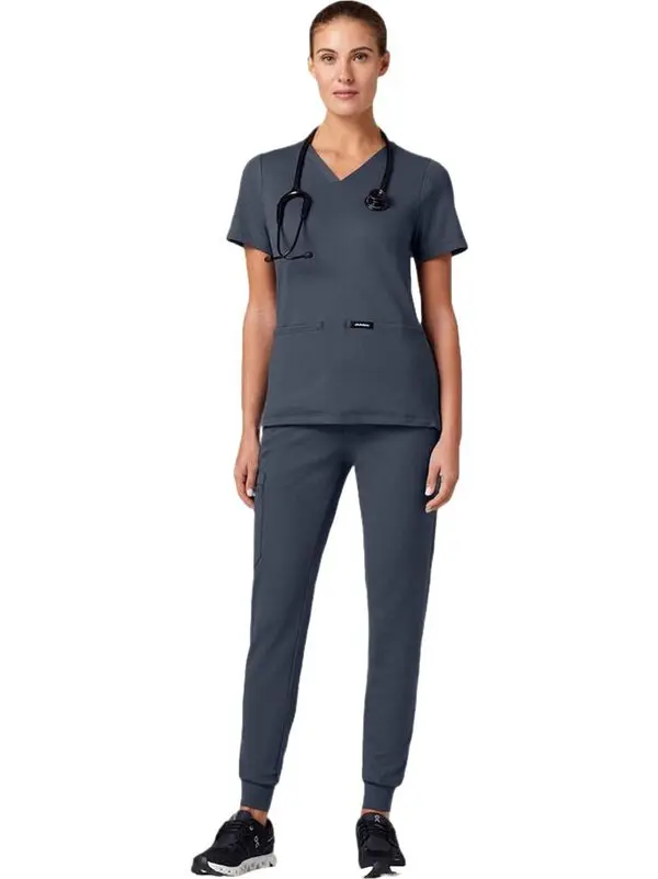 JAANUU Slim Knit V-neck Scrub Top - Carbon Gray