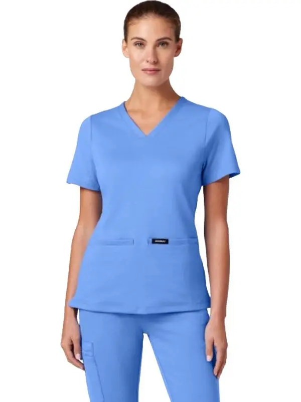 JAANUU Slim Knit V-neck Scrub Top - Ceil Blue