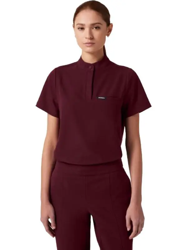JAANUU Classic Banded Collar Scrub Top - Burgundy