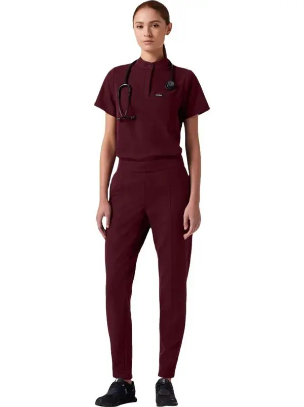 JAANUU Classic Banded Collar Scrub Top - Burgundy