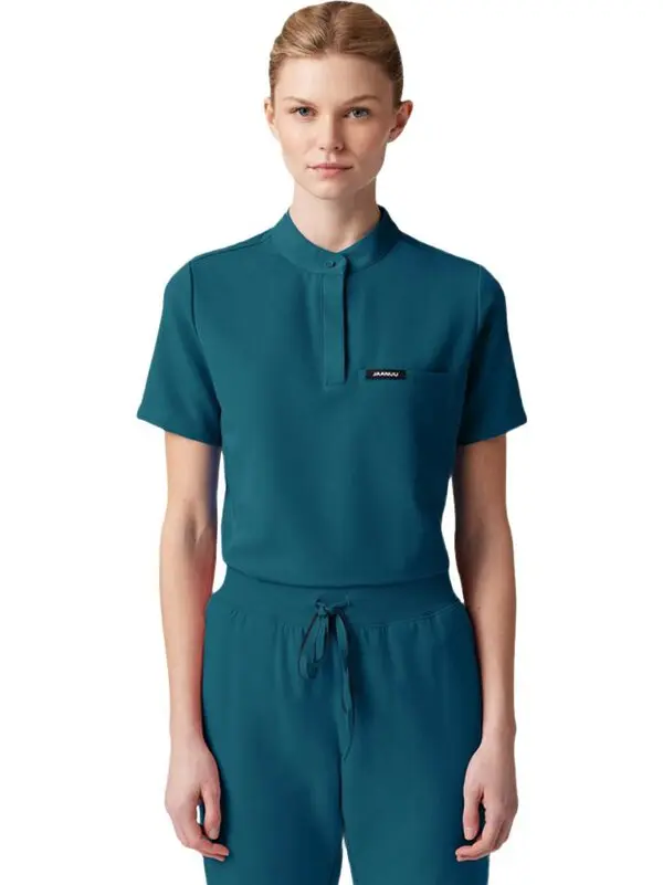 JAANUU Classic Banded Collar Scrub Top - Caribbean Blue