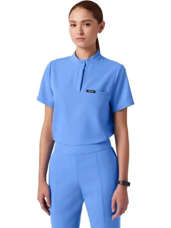 JAANUU Classic Banded Collar Scrub Top - Ceil Blue