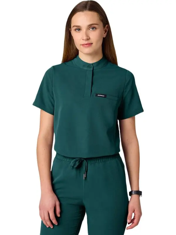 JAANUU Classic Banded Collar Scrub Top - Midnight Green