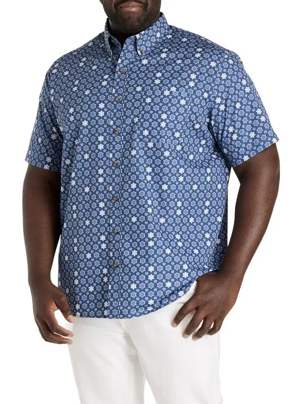 HARBOR BAY BY DXL Big & Tall Easy-care Medallion Print Sport Shirt - Blue