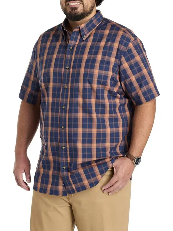HARBOR BAY BY DXL Big & Tall Easy-care Large Plaid Sport Shirt - Navy Orange