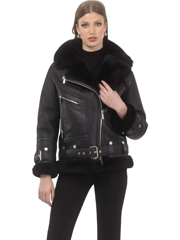 Gorski Genuine Shearling Moto Zip Jacket - Black