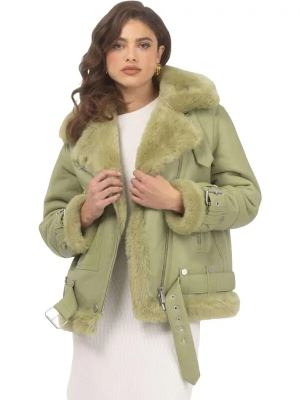 Gorski Genuine Shearling Moto Zip Jacket - Light Green