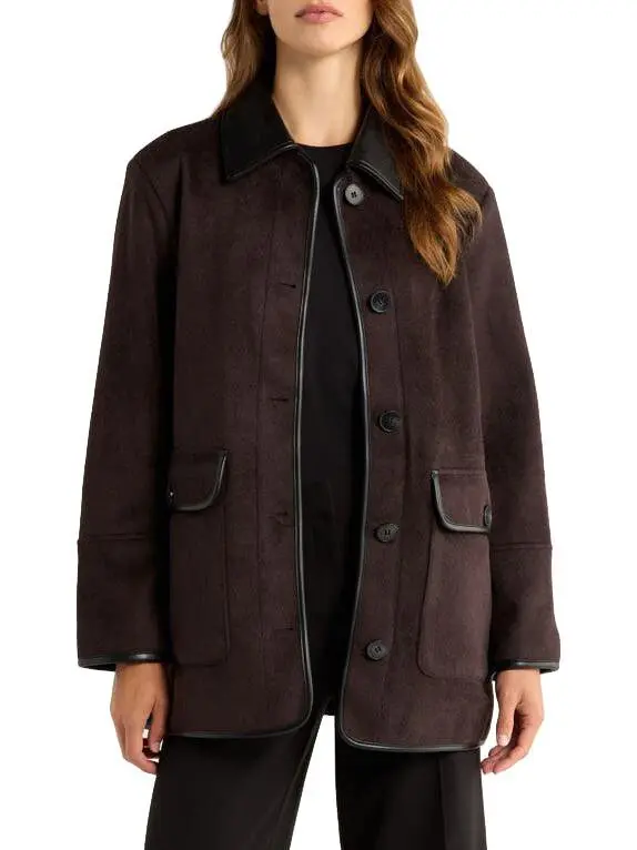 Bernardo Button-front Coat With Faux Leather Trim - Seal Brown/black