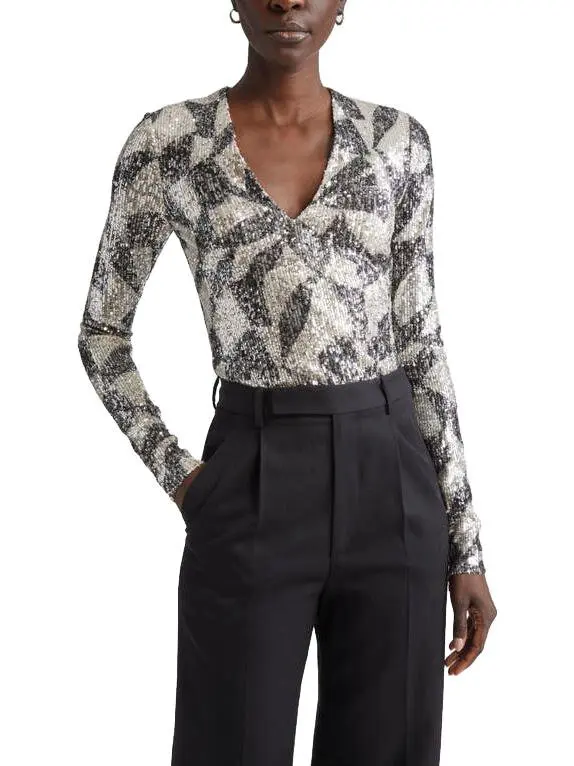 St. John Cubist Geometric Sequin Top - Ecru/black Multi